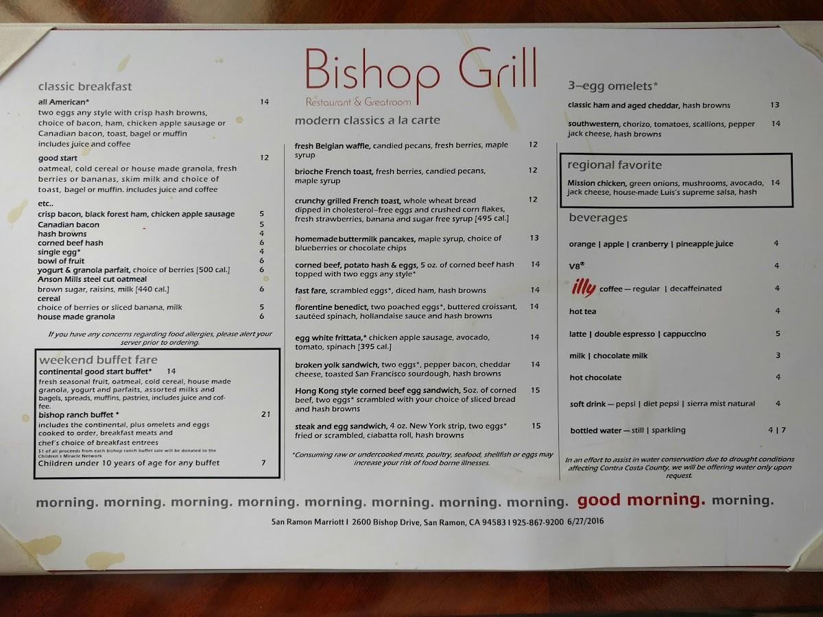 Menu at Bishop Grill restaurant, San Ramon