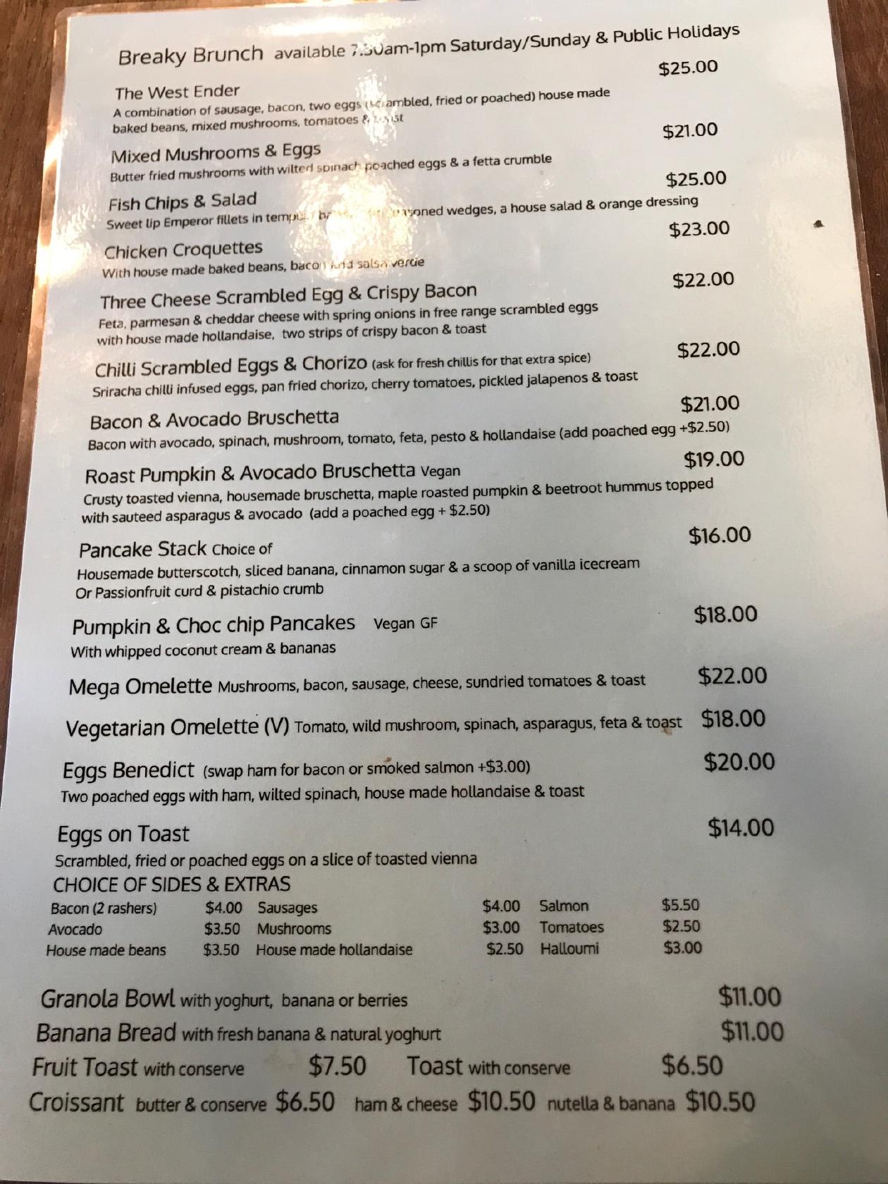 Menu at Cafe Fleur, Geraldton