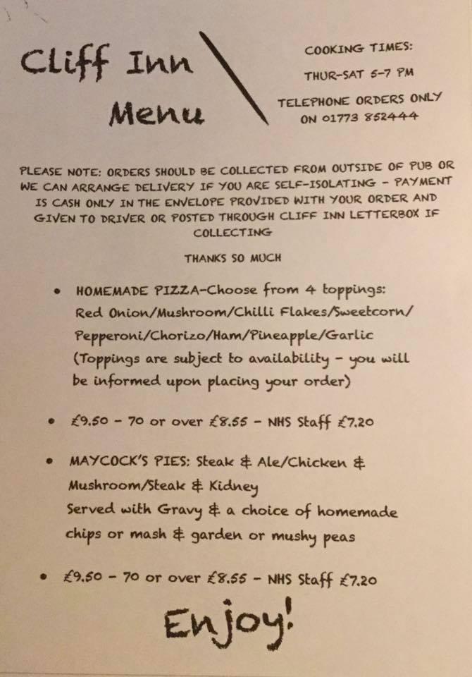 Menu at Cliff Inn pub & bar, Crich