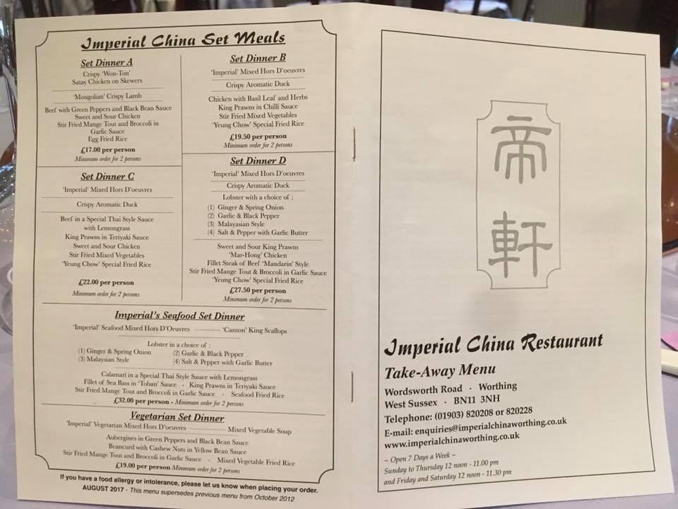 Menu at Imperial China restaurant, Worthing