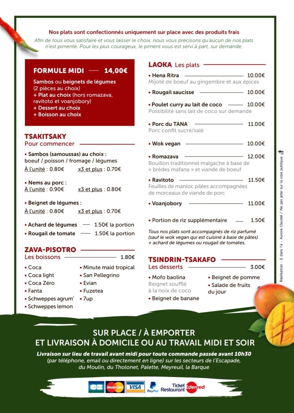 Menu at Le Tana restaurant, Le Tholonet