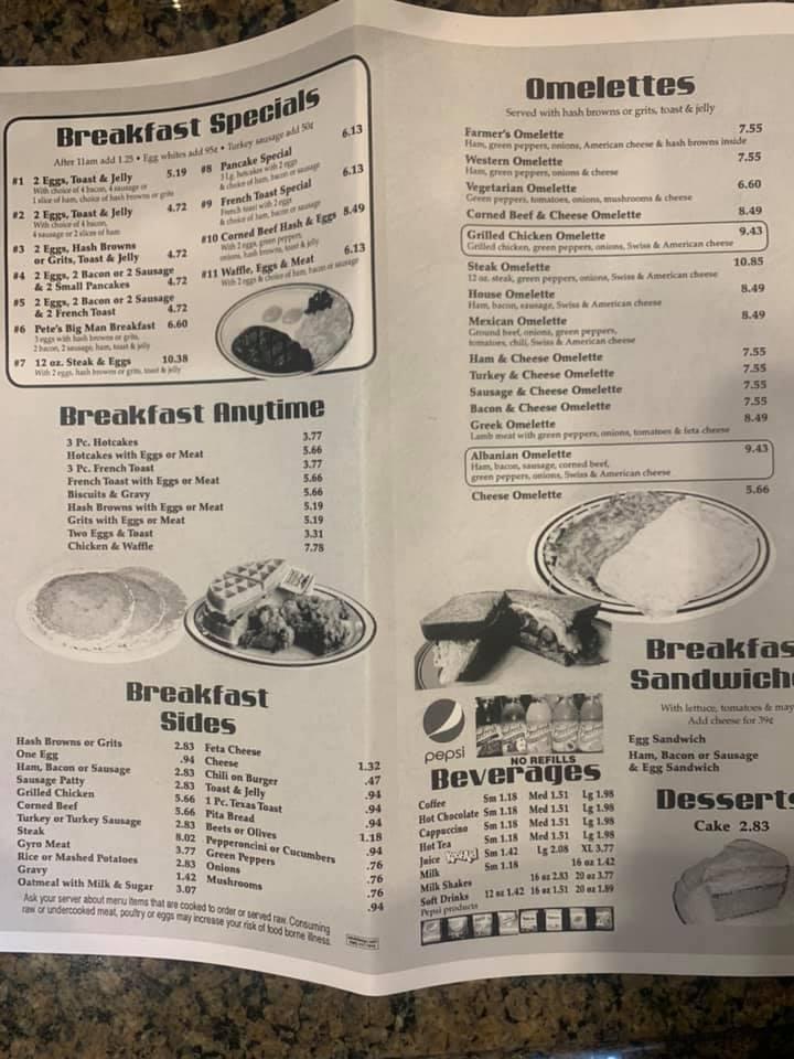 Menu at Pete's Grill restaurant, Detroit