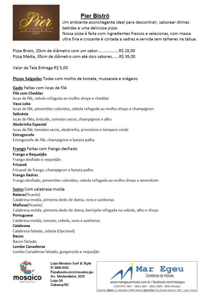 Menu at Pier Bistrô, Cidreira