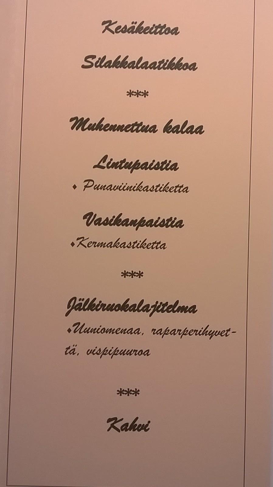 Menu at Ravintola Silveria restaurant, Vaasa