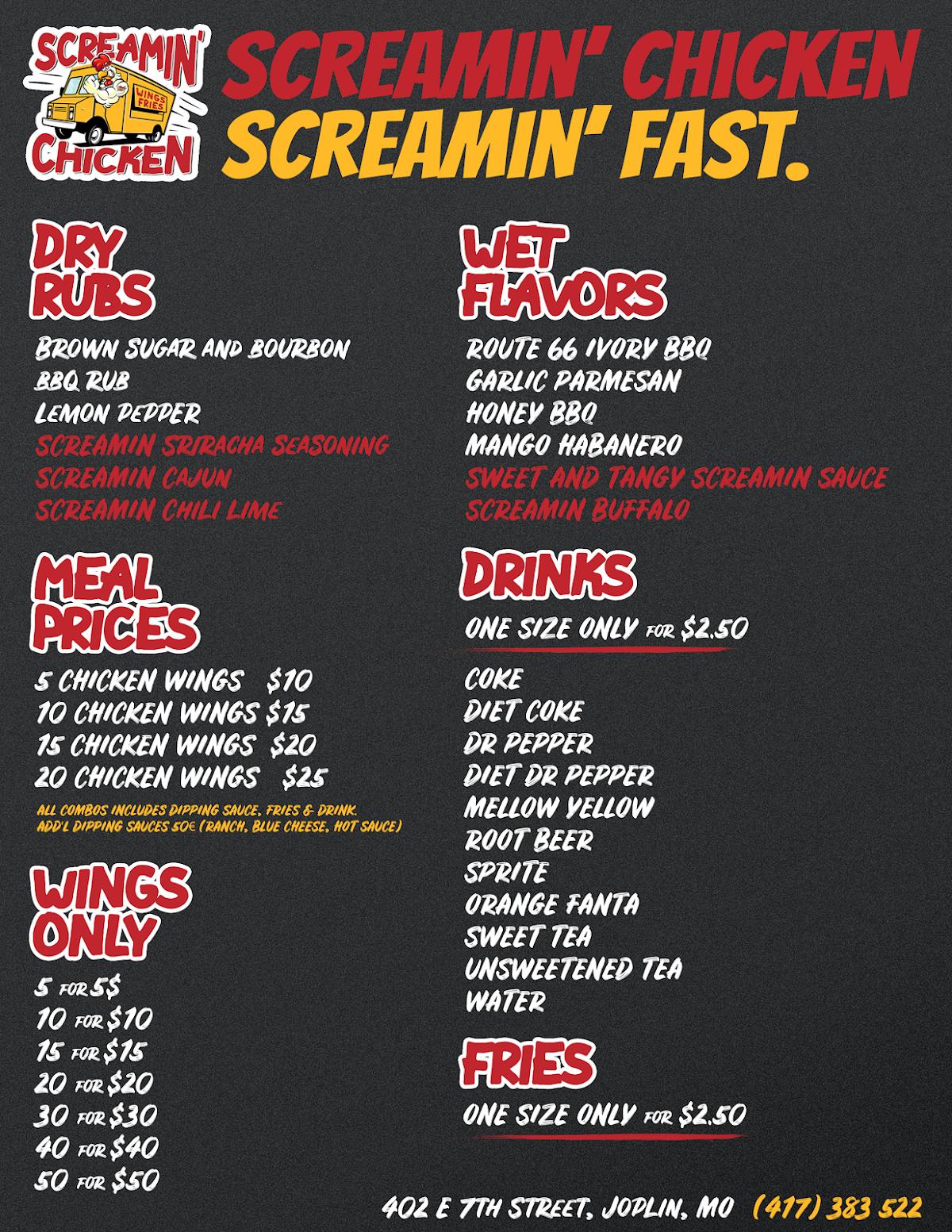 Menu at Screamin' Chicken restaurant, Joplin
