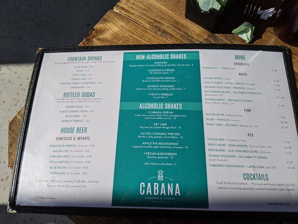 Menu at Cabana Burgers & Shakes restaurant, Johns Island