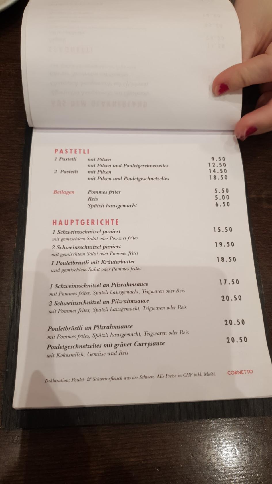 Menu at Cornetto, Glarus, Hauptstrasse 31