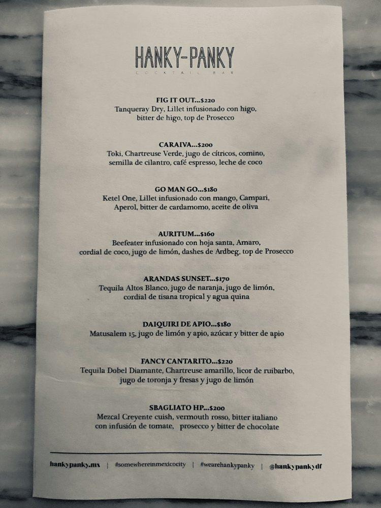 Menu at Hanky Panky Cocktail Bar, Mexico City