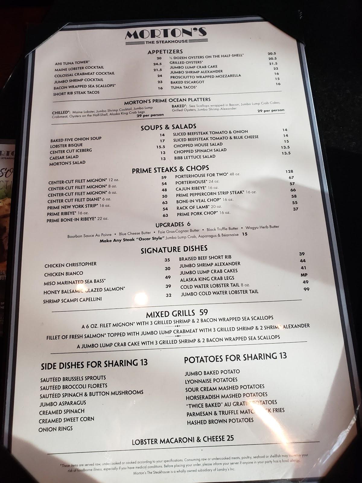 Menu at Morton's The Steakhouse, Atlantic City