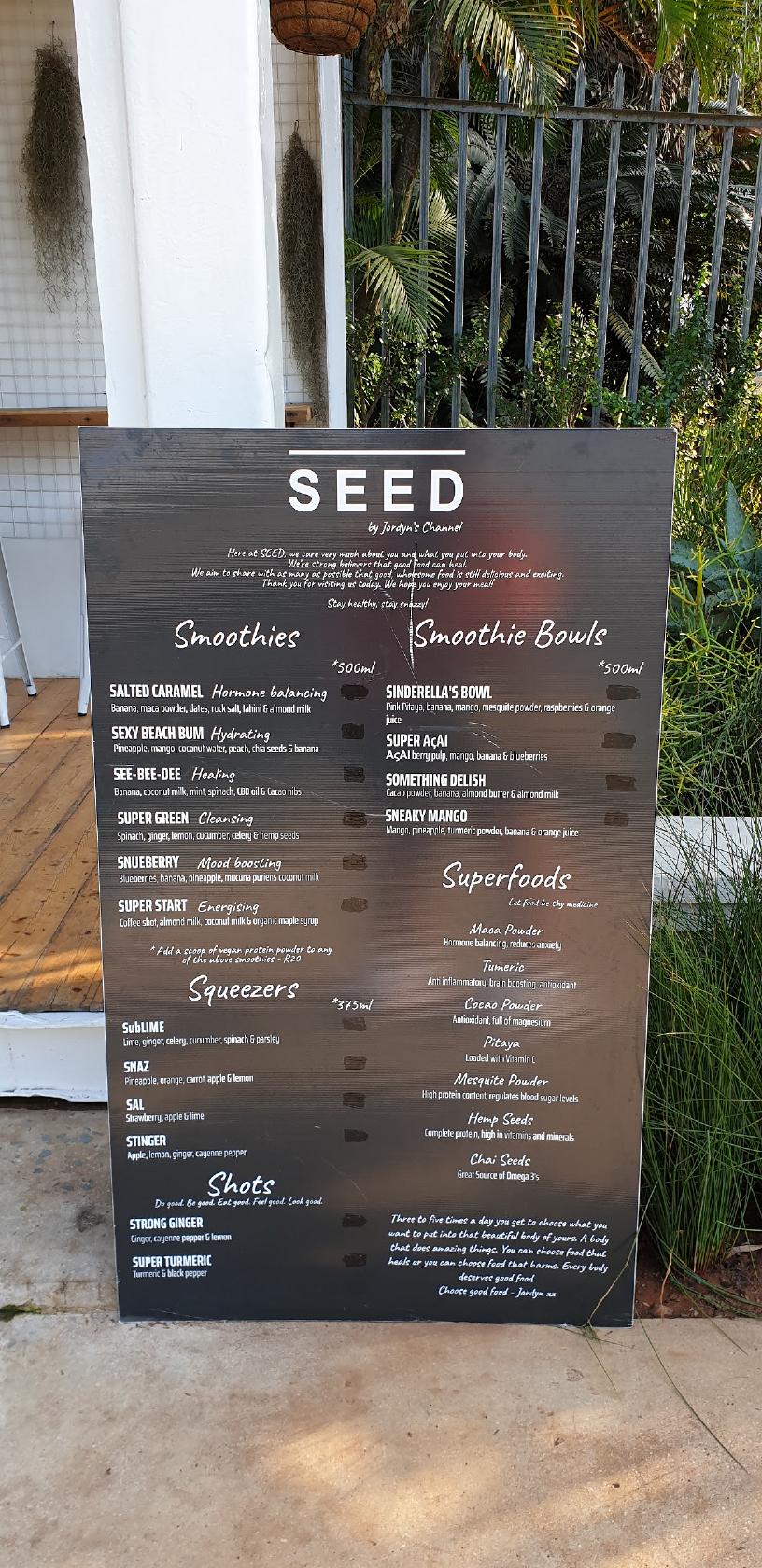 Menu at SEED health bar (Glen Ashley), Umhlanga