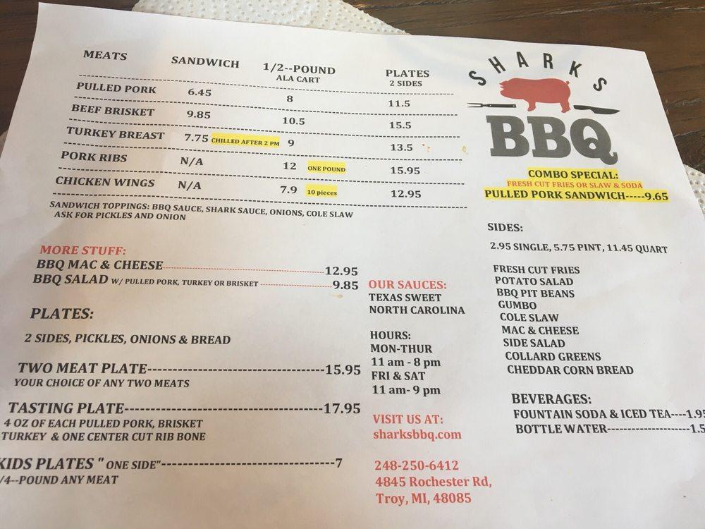Menu at SHARKS BBQ, Troy