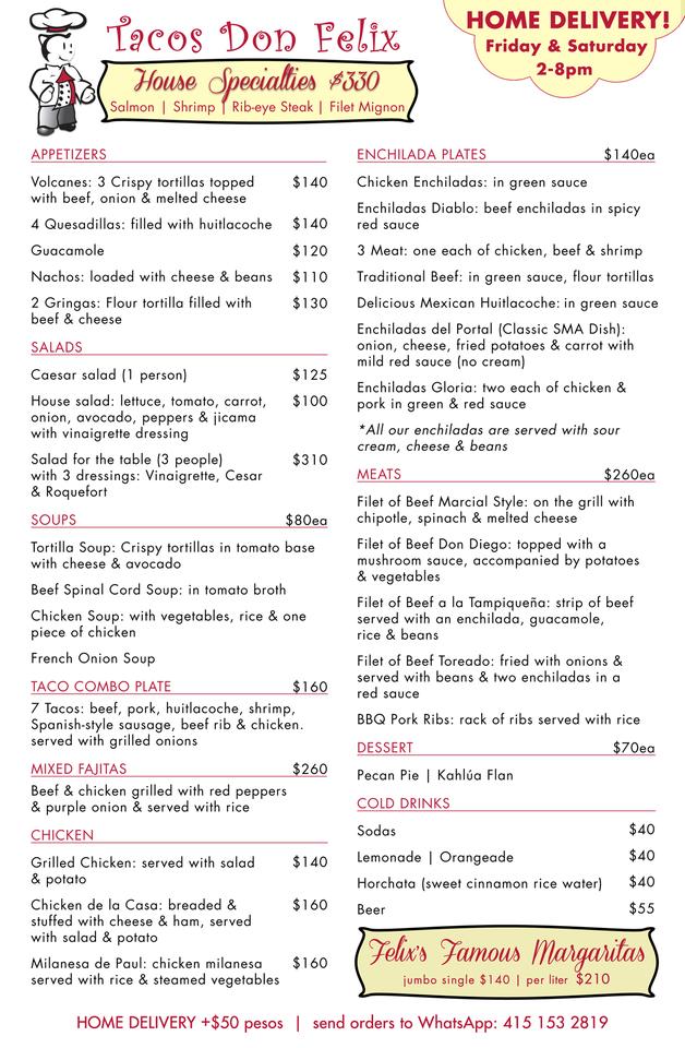 Carta del restaurante Tacos Don Felix En la casa, San Miguel del Allende