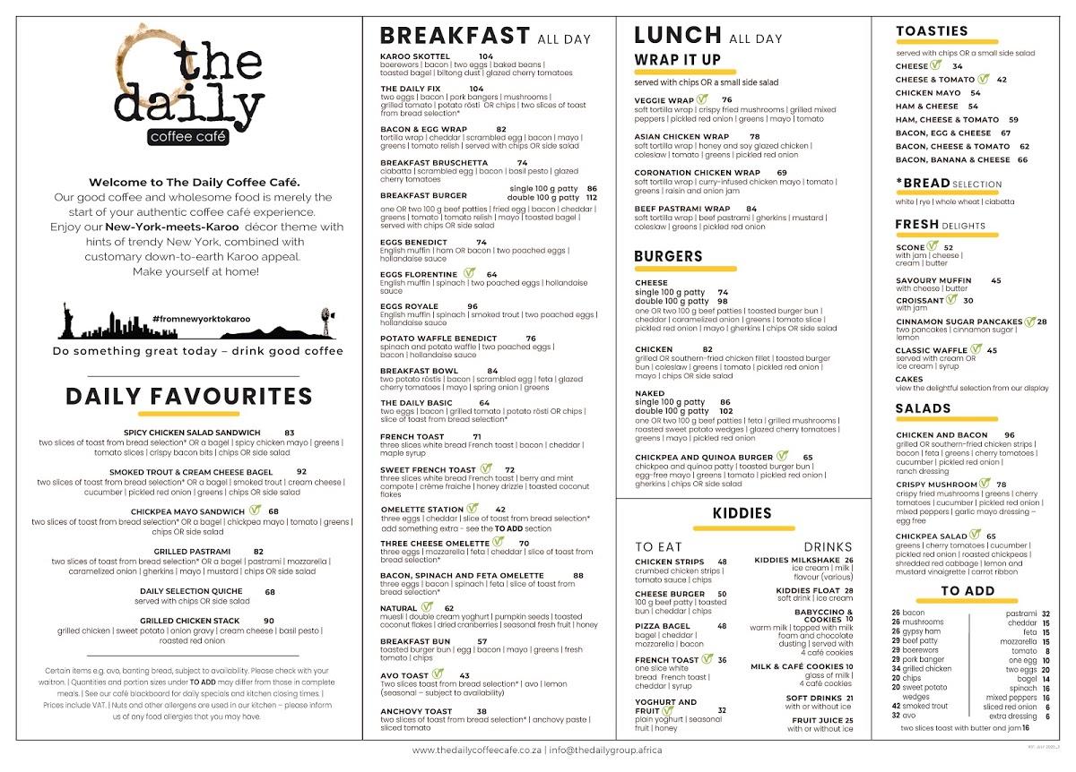 Menu at The Daily Coffee Café Burgundy cafe, Cape Town