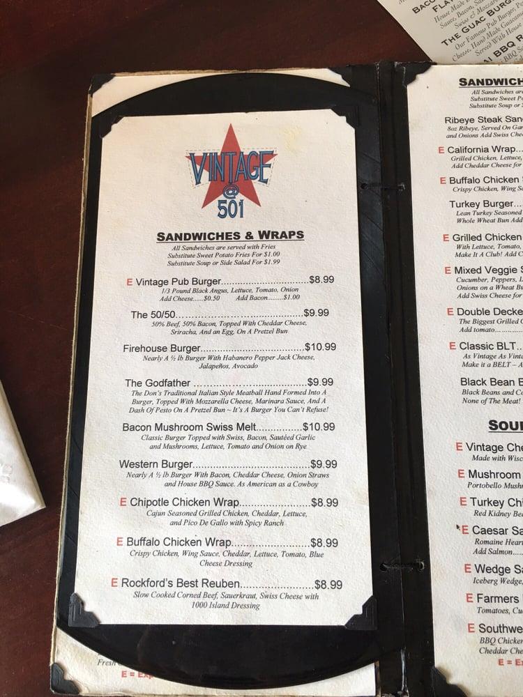 Menu at Vintage @ 501 pub & bar, Rockford