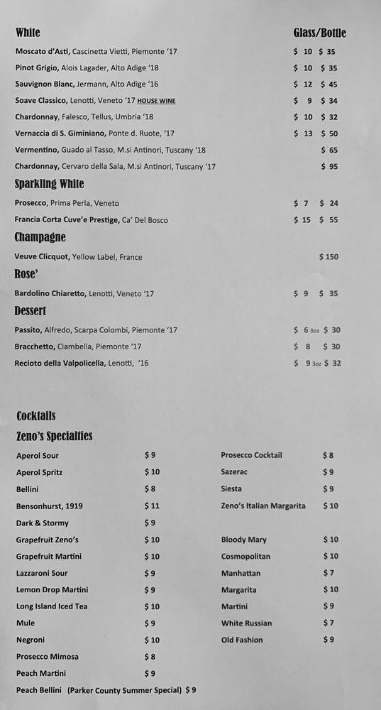 Menu at Zeno’s On The Square restaurant, Weatherford