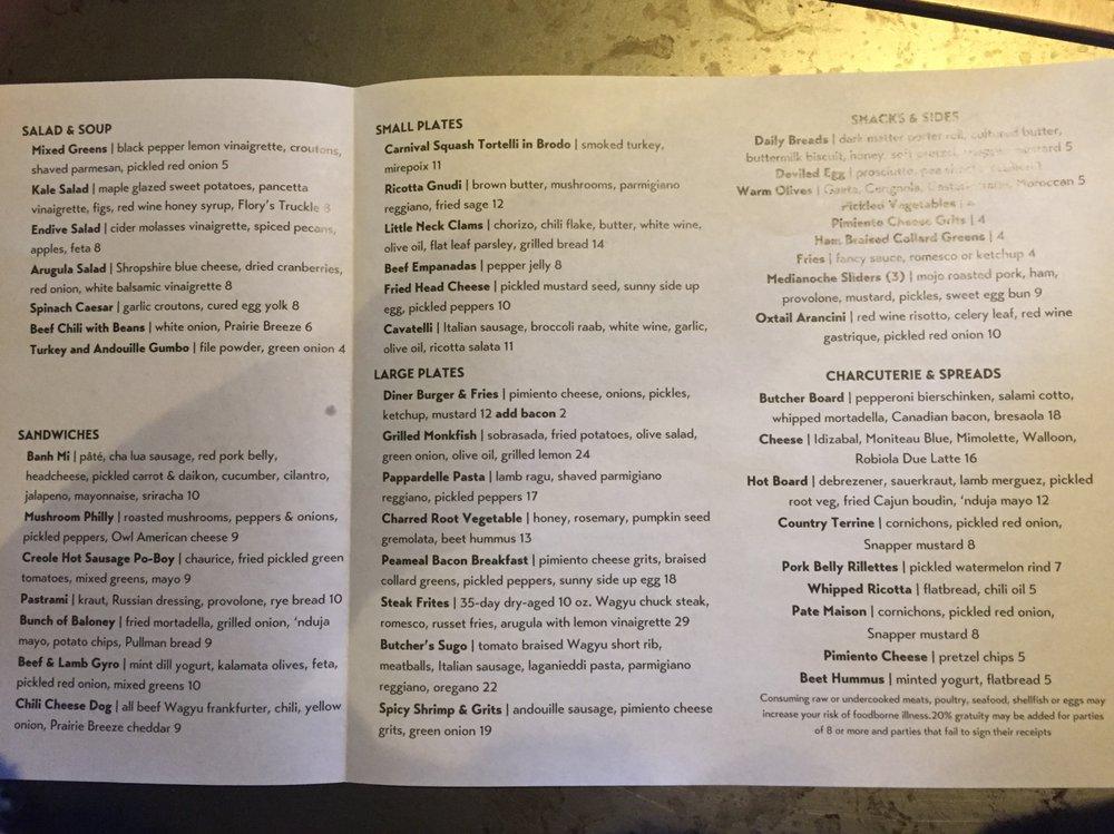 Menu at Barred Owl Butcher & Table, Columbia