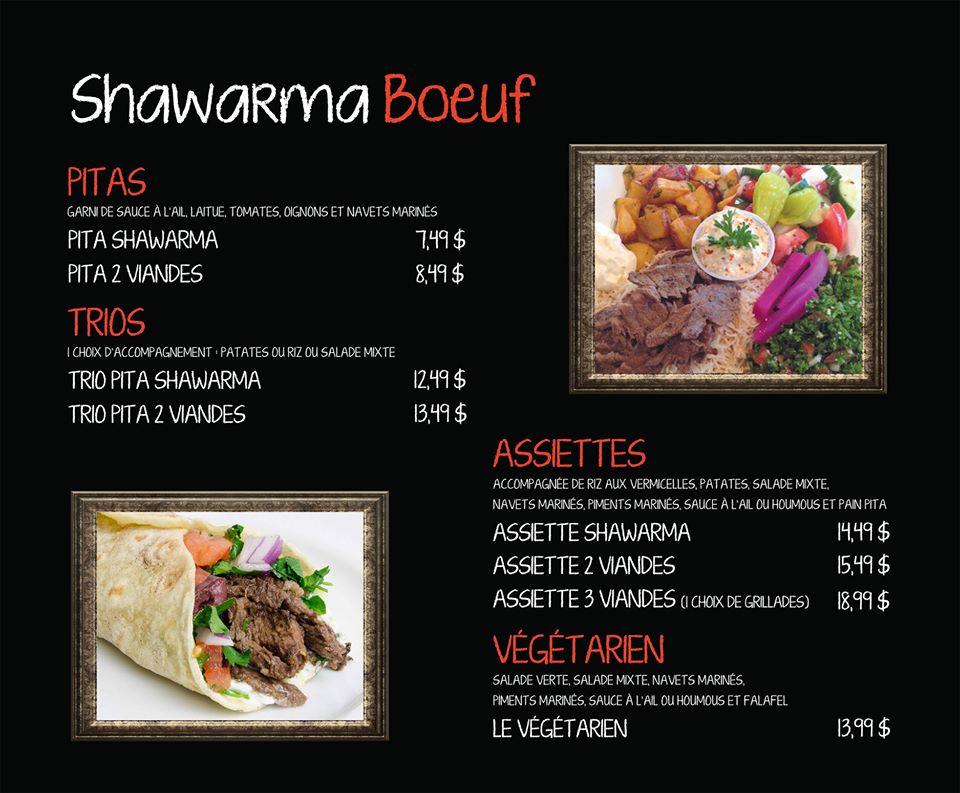Menu at Casa Taouk restaurant, Victoriaville