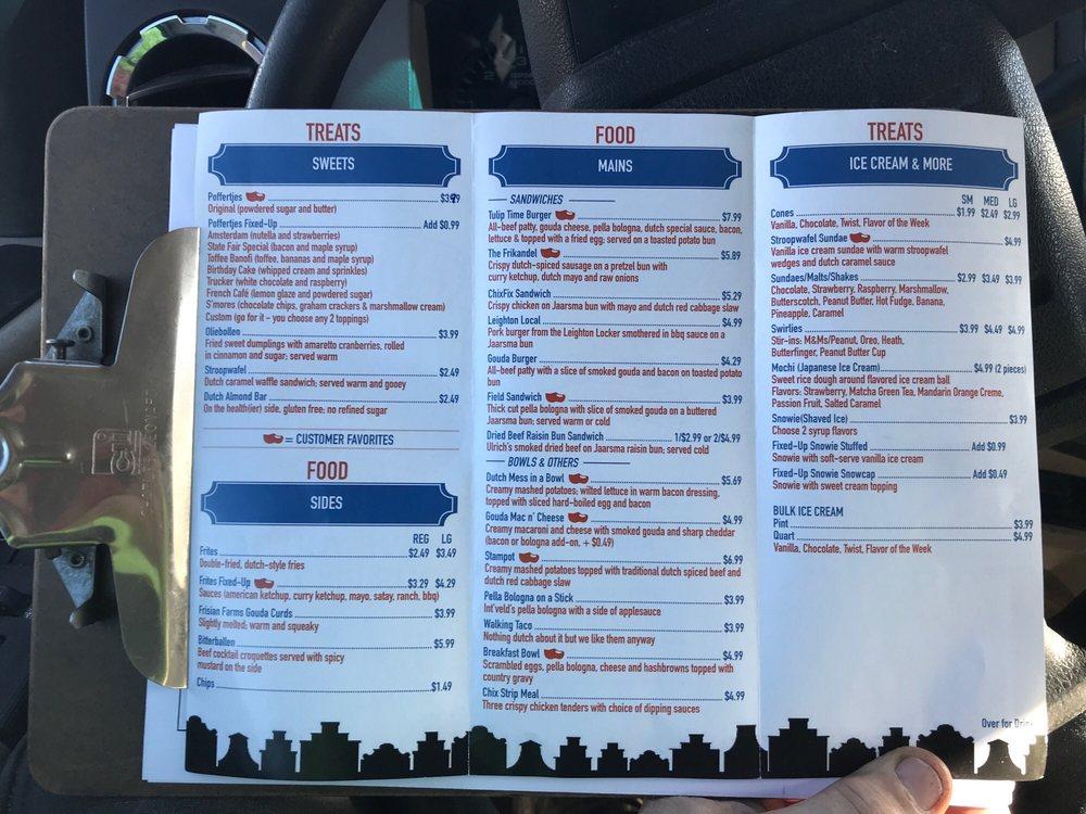 Menu at DutchFix Drive-Thru restaurant, Pella