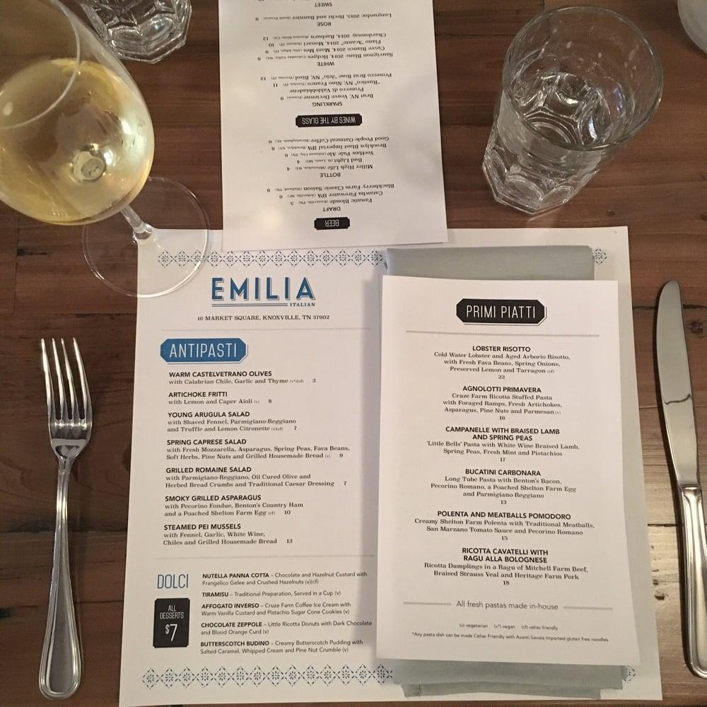 Menu at Emilia restaurant, Knoxville