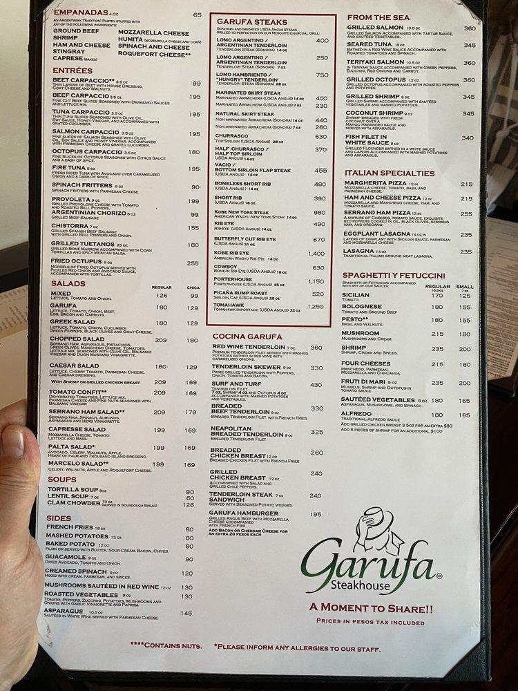 Carta de Garufa Steakhouse, Puerto Peñasco, Paseo Las Olas 6D11