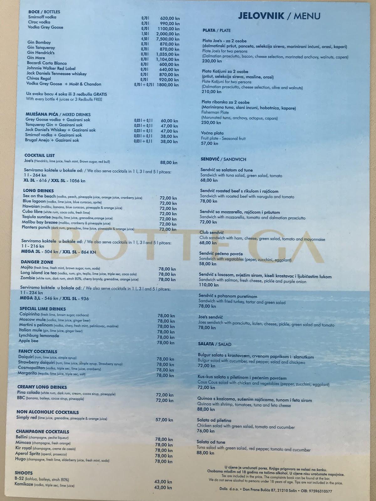 Menu at Joe's Beach Lounge & Bar, Split