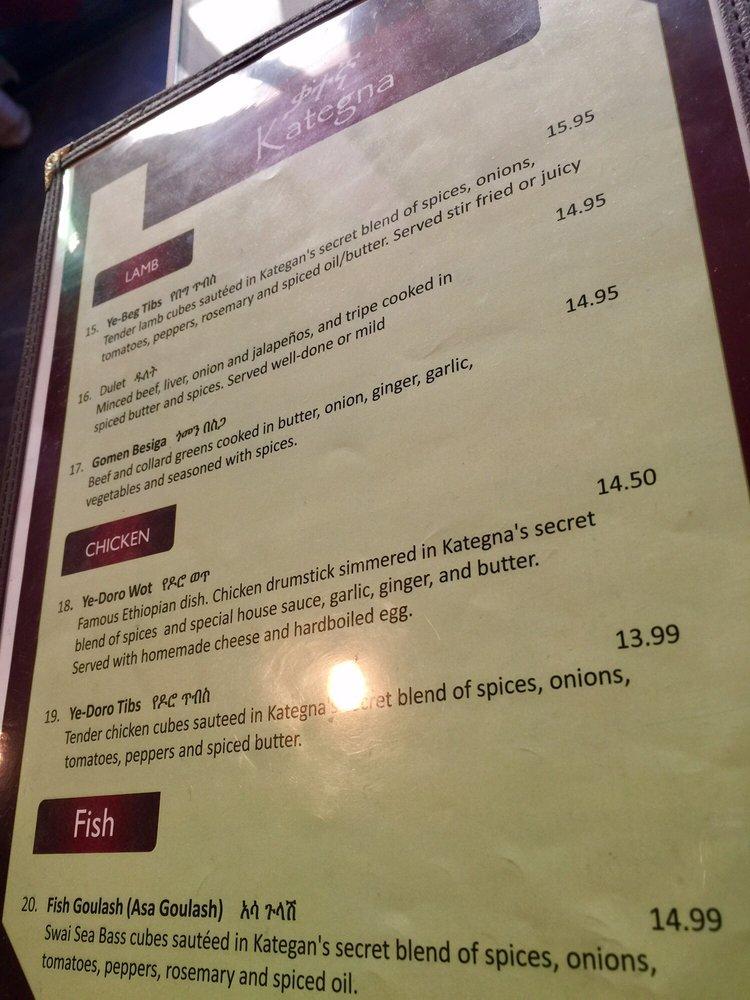 Carta de Kategna Ethiopian Restaurant, San Jose