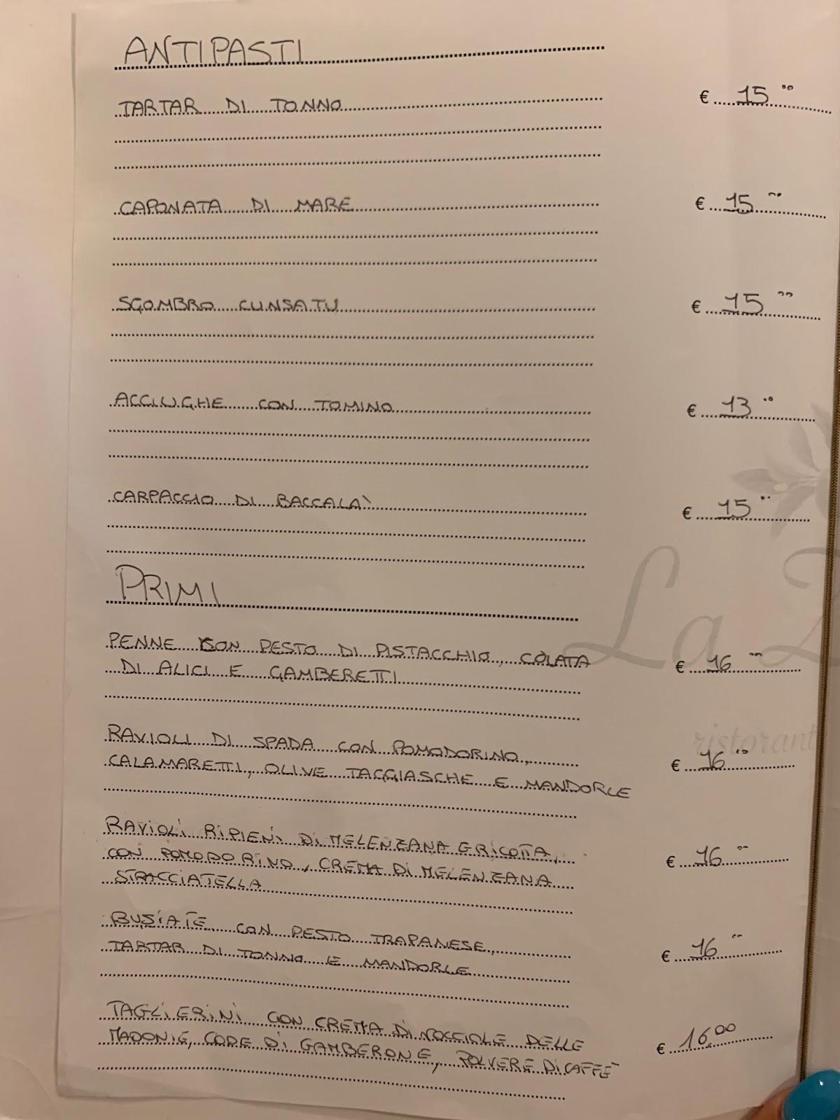Menu da La Zagara Ristorante Siciliano, Chiavari