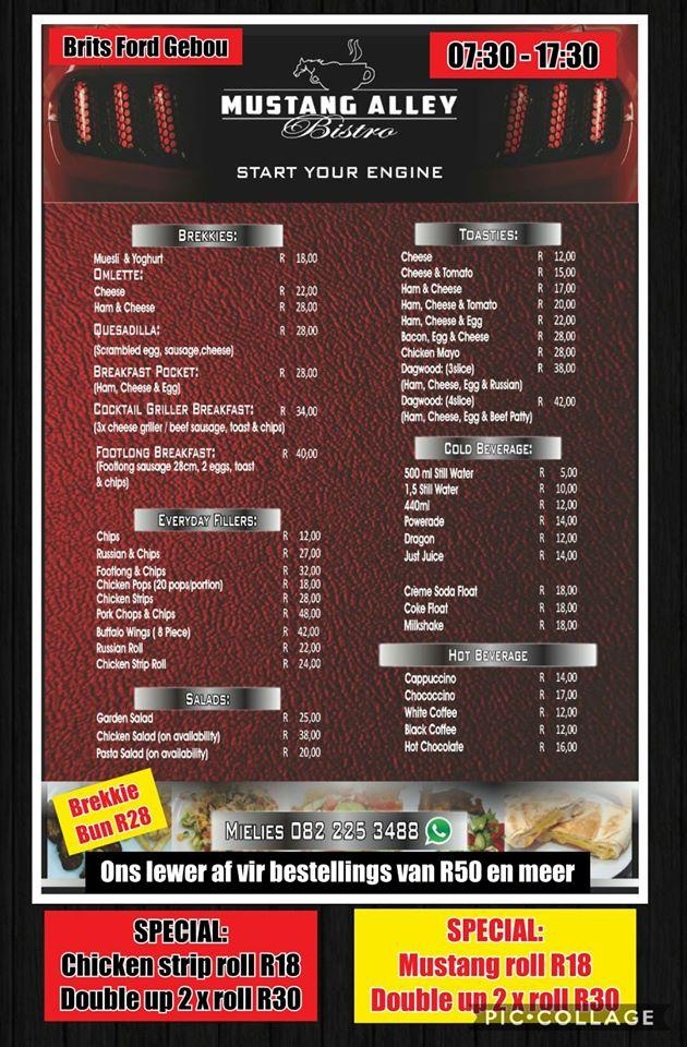 Menu at Mustang Alley Bistro, Brits, 14 Van Deventer