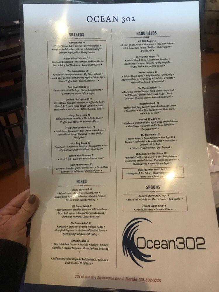 Menu at Ocean 302 steakhouse, Melbourne Beach