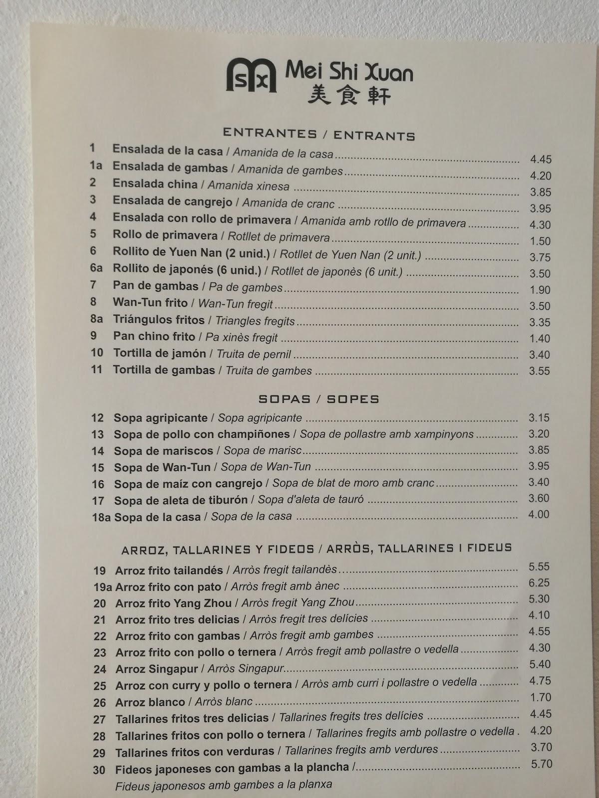 Carta del restaurante Mei Shi, Santa Coloma del Gramanet