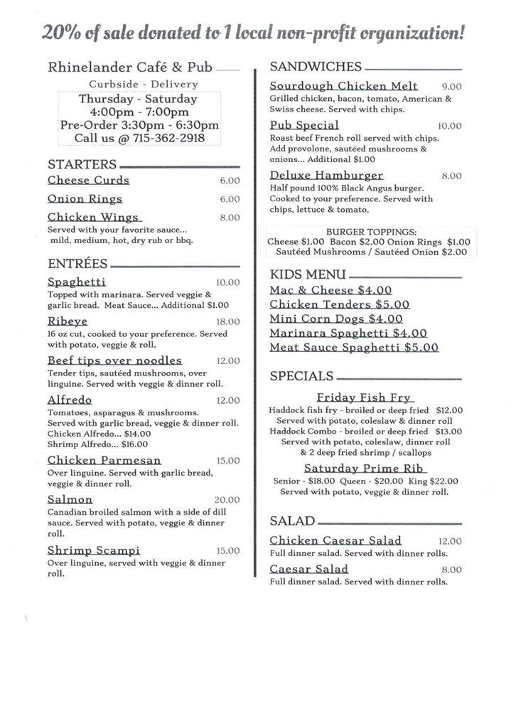Menu at Rhinelander Pub, Rhinelander