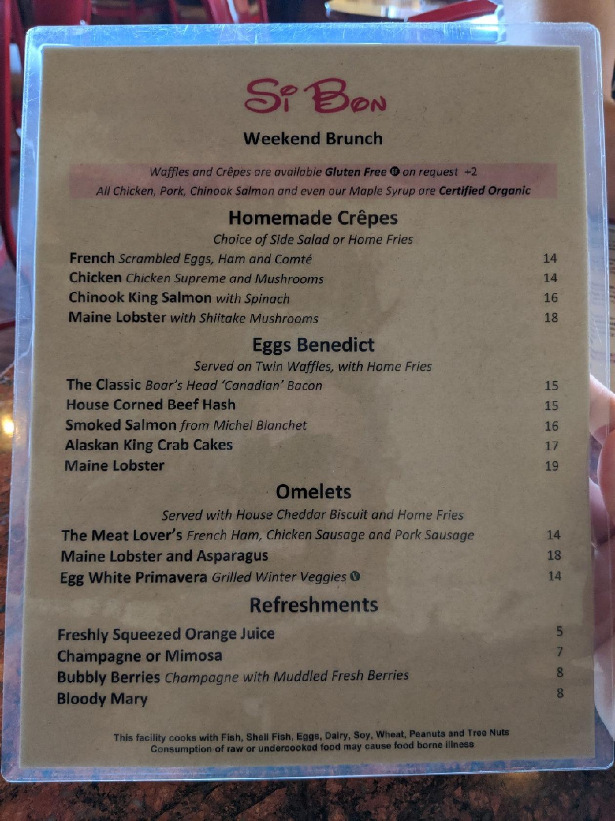 Menu at Si Bon pub & bar, Rancho Mirage