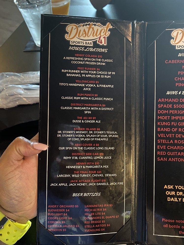 Menu at District 41 Sports Bar, Newport News