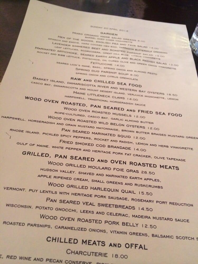 Menu at Fore Street Restaurant, Portland