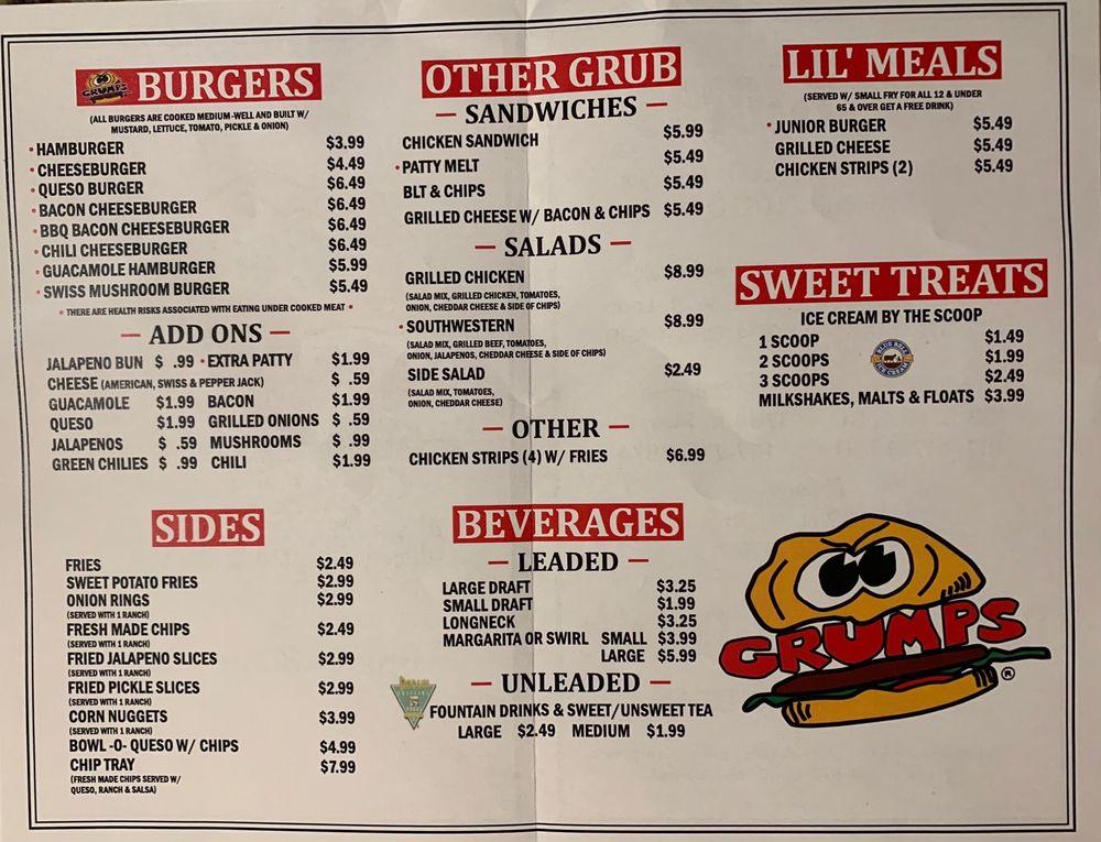 Menu at Grumps Burgers pub & bar, Abilene