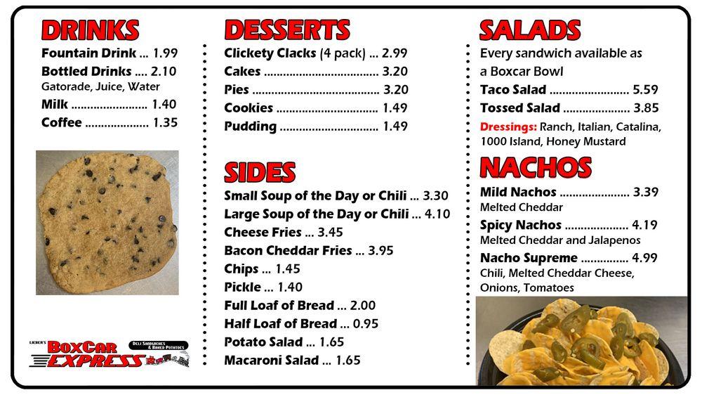Menu at Lieber's Boxcar Express fast food, Galesburg