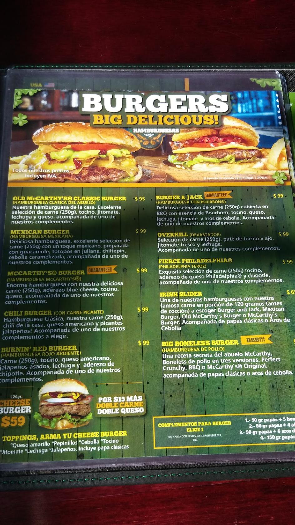 Menu at McCARTHY’S IRISH PUB (Plaza Ámbar Fashion Mall), Tuxtla Gutiérrez