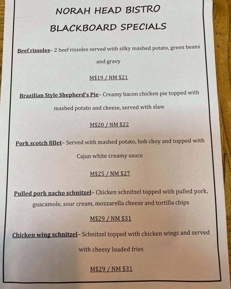 Carta del pub y bar Norah Head Sporties, Norah Head