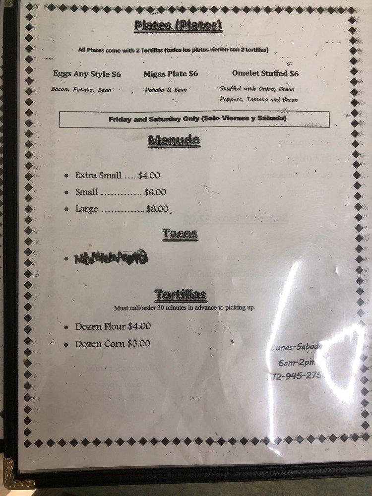 Menu at Rojas Tacos restaurant, Taylor