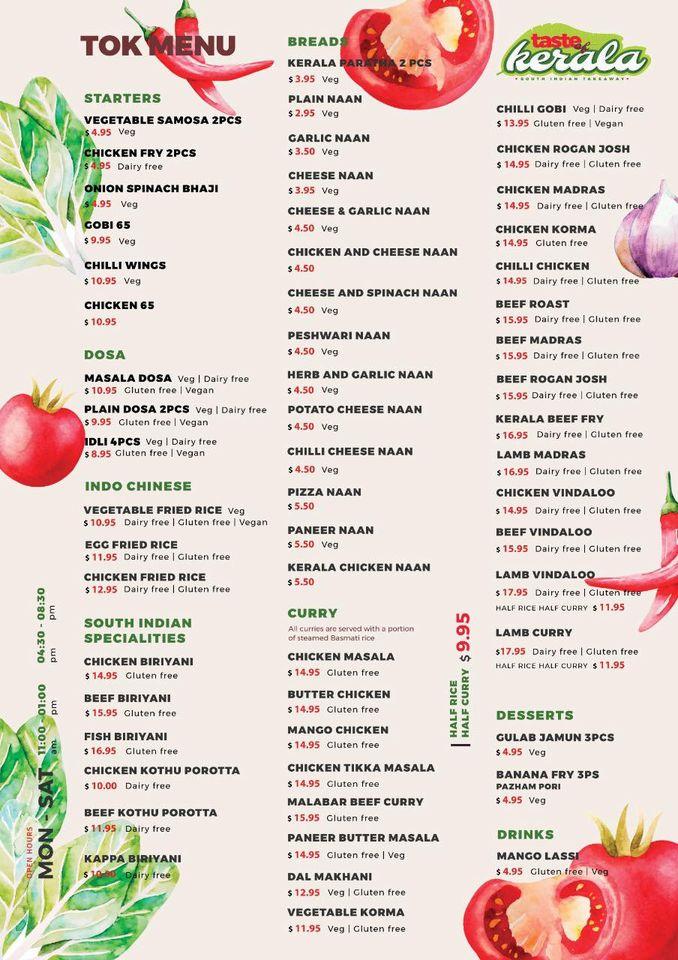Menu at Taste of Kerala restaurant, Bundaberg Central, 3A Bingera St