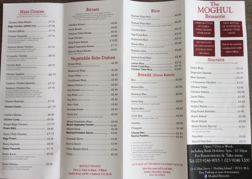 Menu at The Moghul Brasserie restaurant, Portsmouth