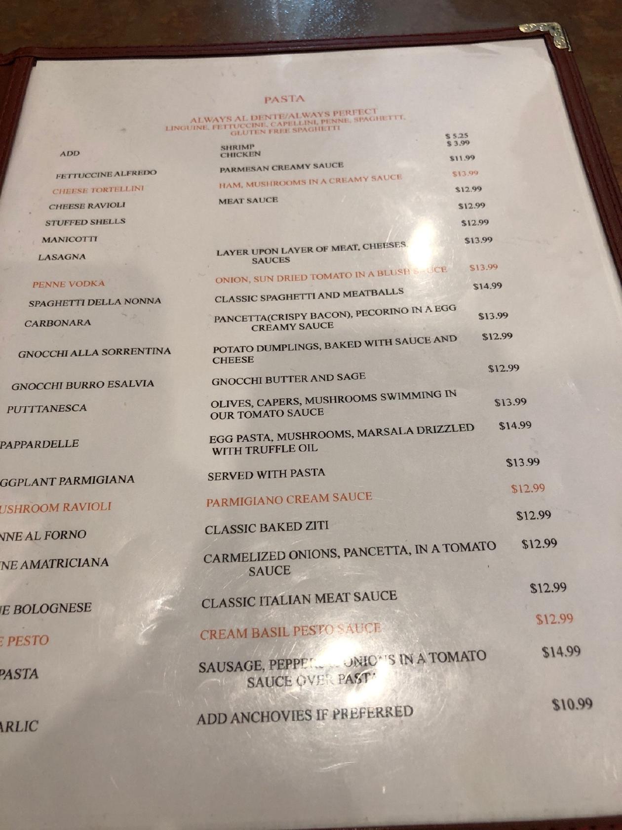 Menu at Villa Schiano restaurant, Elizabethville