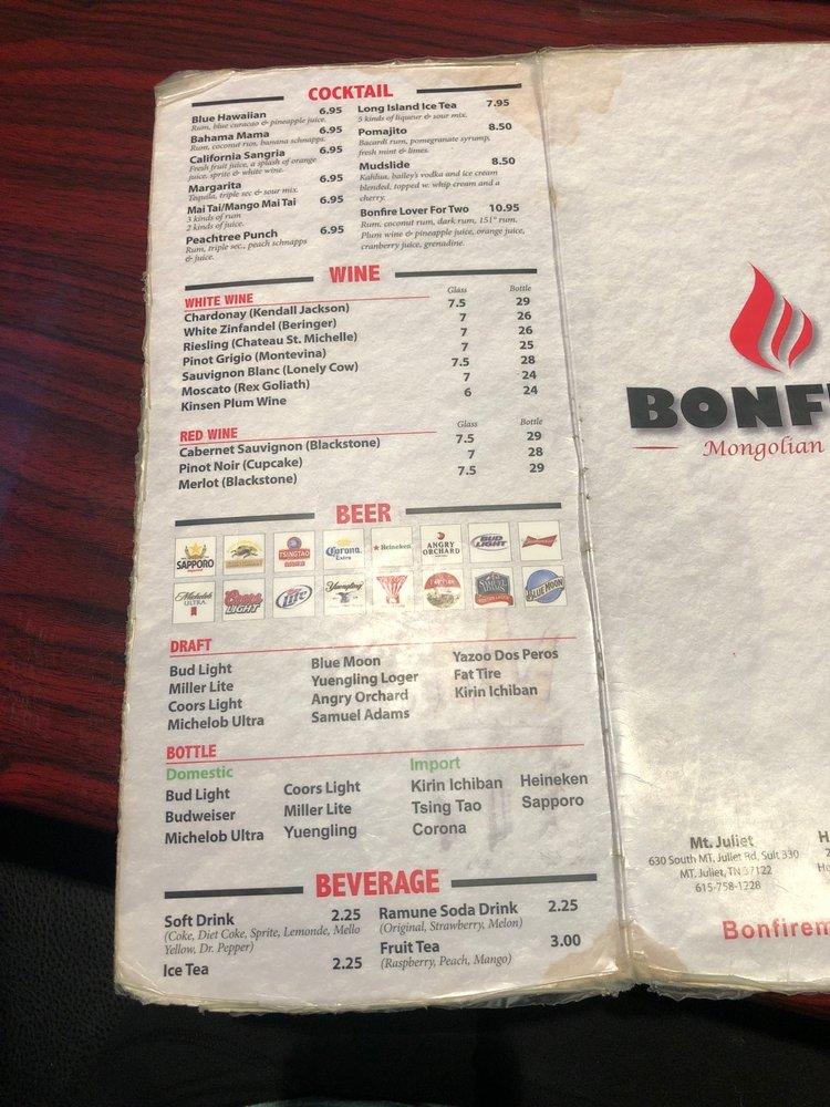 Menu at Bonfire mongolian grill restaurant, Clarksville