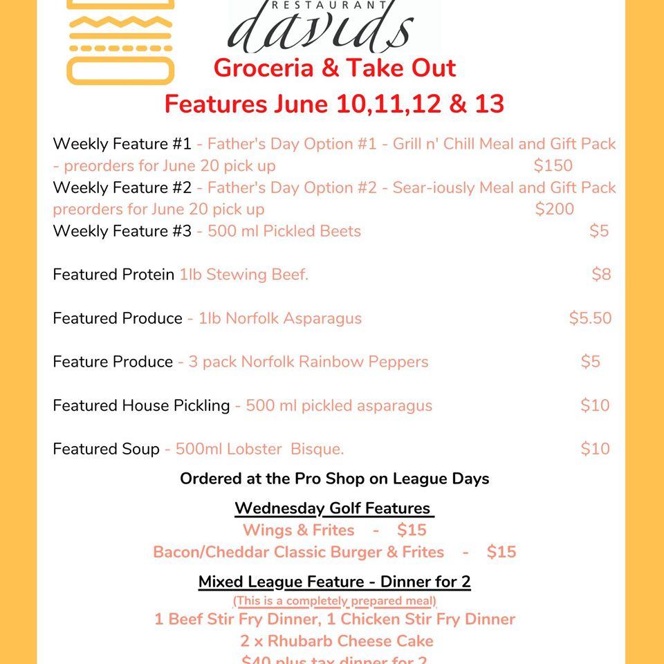 Menu at David's Restaurant, Port Dover