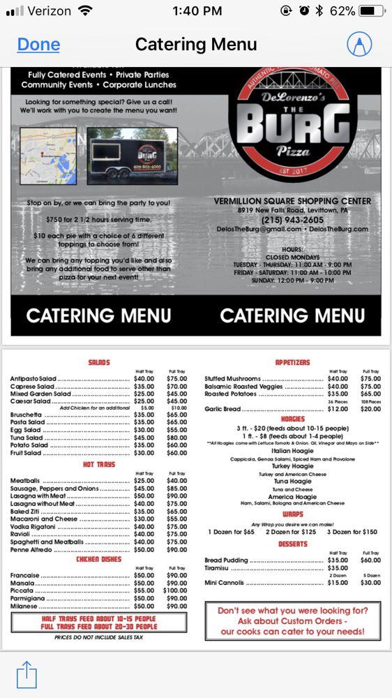 Menu at DeLorenzo's The Burg Pizza pizzeria, Levittown