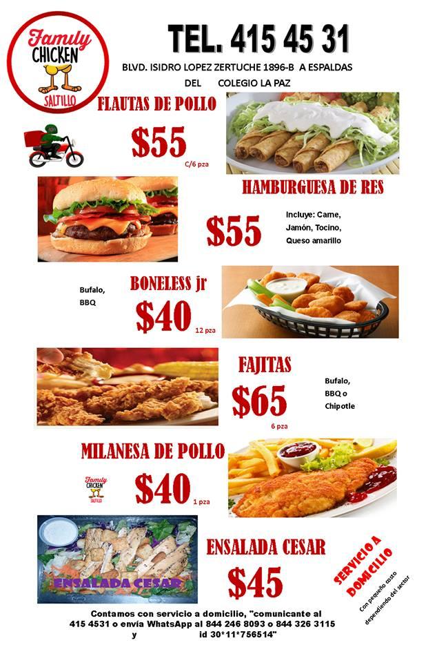 Menu at Family Chicken restaurant, Saltillo