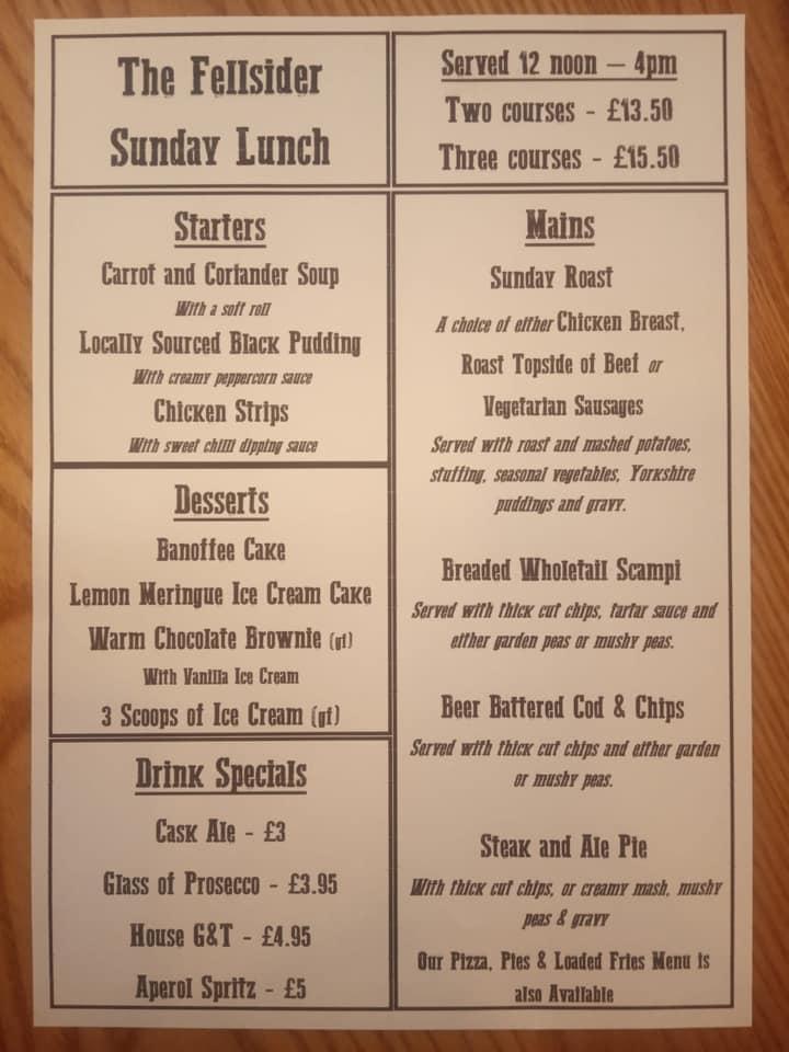 Menu at The Fellsider pub & bar, Gateshead