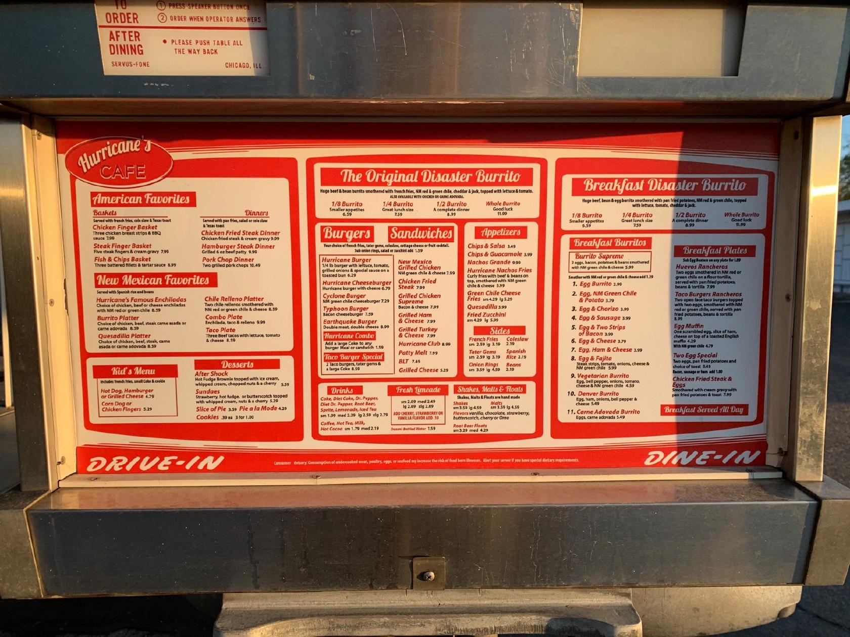 Menu at Hurricane's Cafe, Albuquerque, Lomas Blvd NE