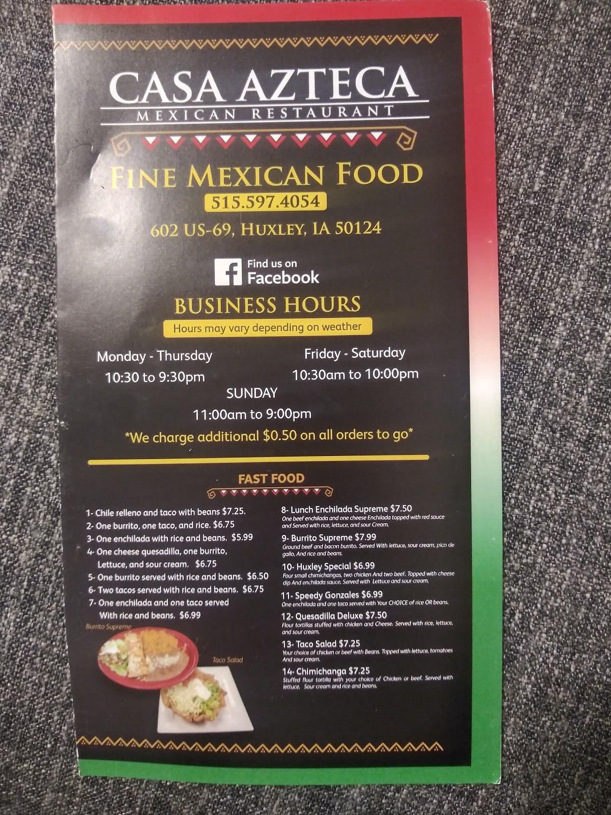 Menu at Huxley Casa Azteca Mexican Restaurant, Huxley