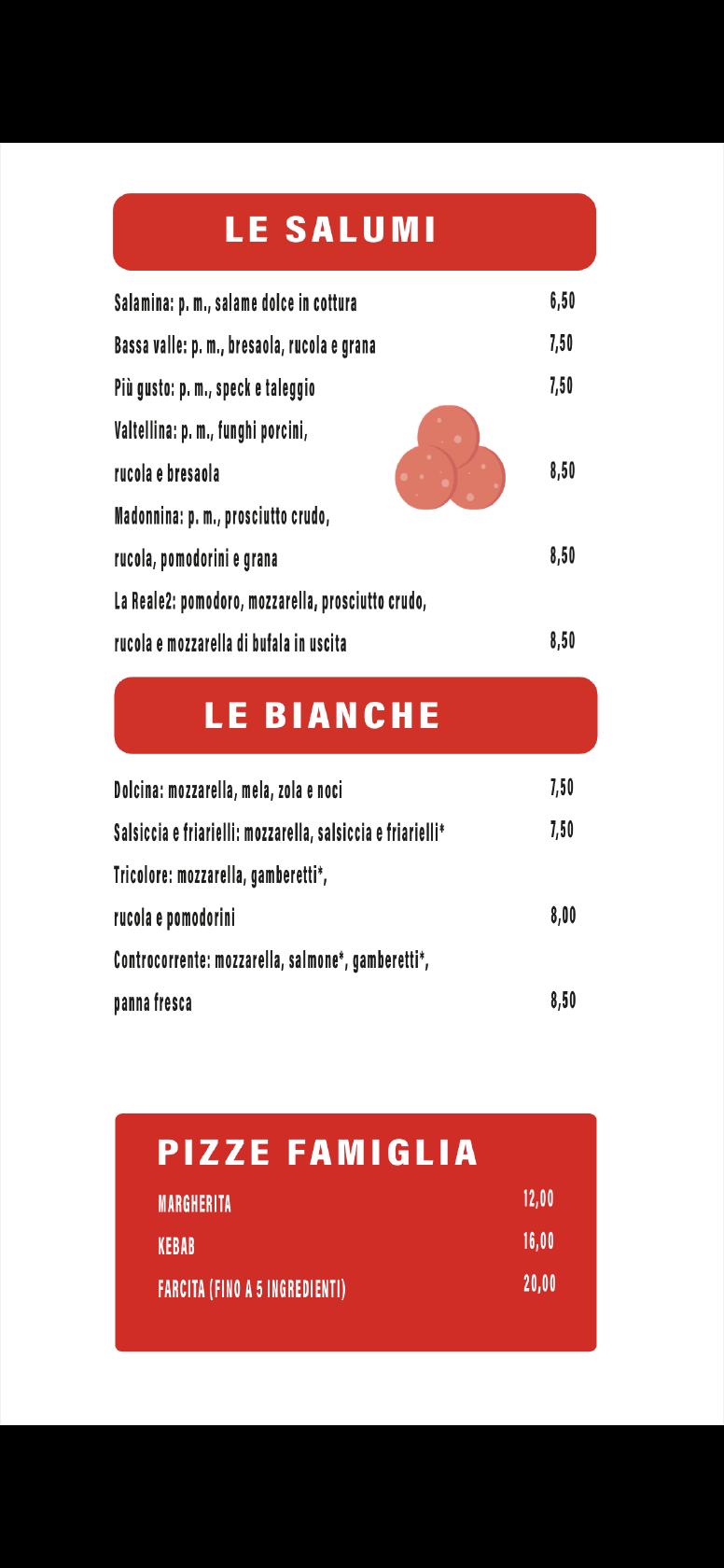 Menu at La Reale pizzeria, Tirano